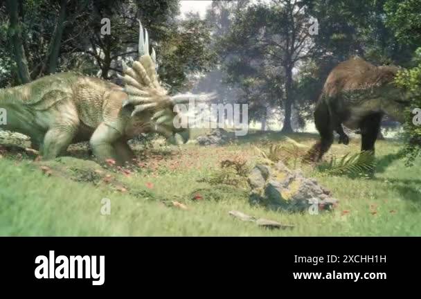 Giganotosaurus vs Triceratops ready for Fight 3D Rendering Animation Dinosaurs 4K Stock Video ...