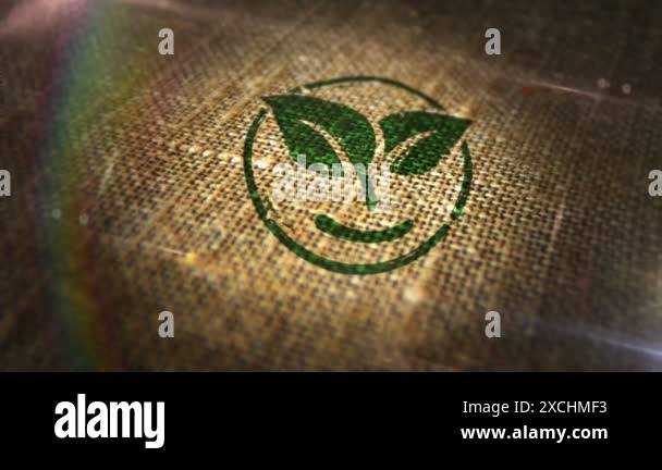 Leaf smile eco friendly symbol sign stamp on natural linen sack ...