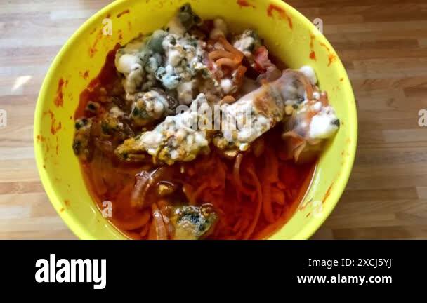 Blue gray mold on fish,spoiled rotten poisonous bacteria food in bowl ...