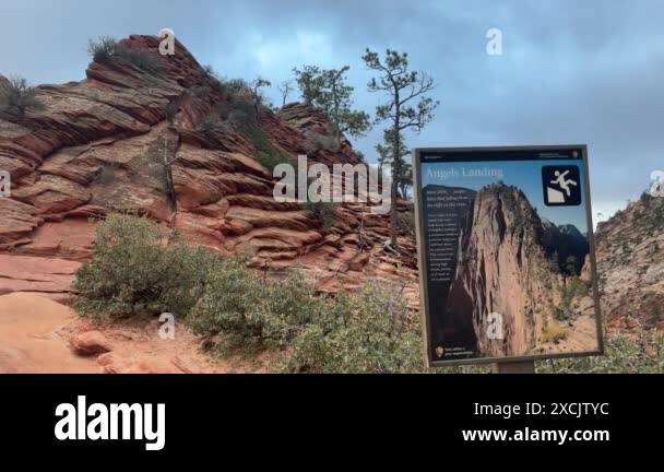 Warning sign for the famous Angels Landing hike in Zion National Park ...