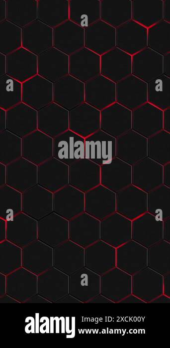 Vertical video - dark futuristic hexagons honeycomb surface background with glowing red neon ...