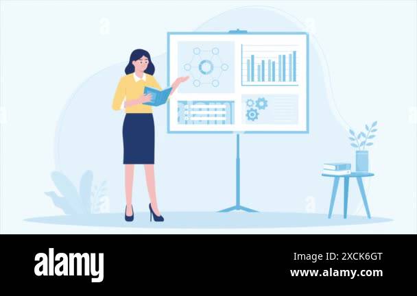 Female manager is presenting business strategy on a whiteboard flat ...