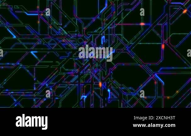 Animation of electronic subway map neon lines move along a given route ...