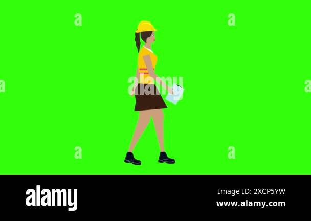 Woman Engineer walking loop character animation, green screen chroma ...