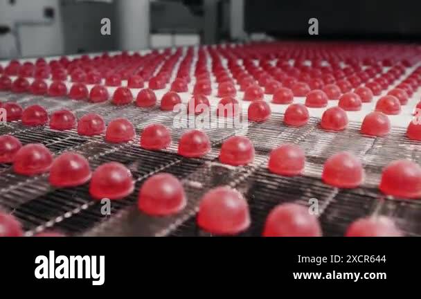 Conveyor belt in a chocolate factory. Candy production. Red round jelly ...