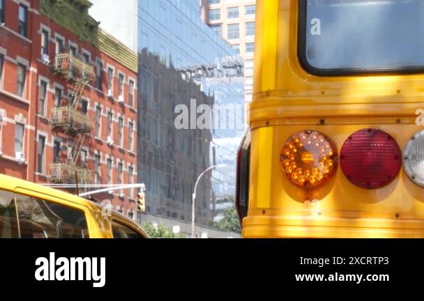 Yellow School Bus on New York Manhattan street, schoolbus truck on city ...