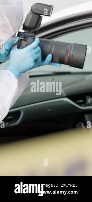 Crime scene, photographer and person with investigation, forensic ...