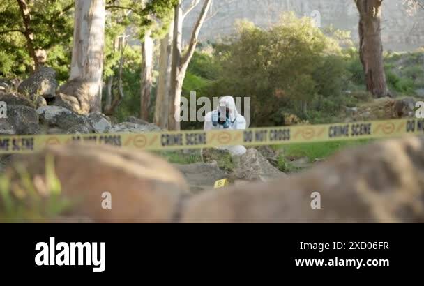 Csi, photographer and evidence at crime scene for investigation in ...