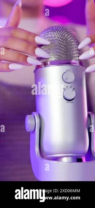 Microphone, girl hands and ASMR in studio for scratch, social media or ...
