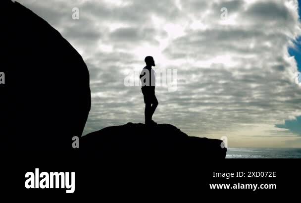 Thinking, person and silhouette with blue sky background and clouds for ...