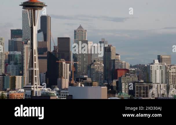 Cinematic View of Seattle Skyline Buildings. Cityscape Tilt Up Reveal ...