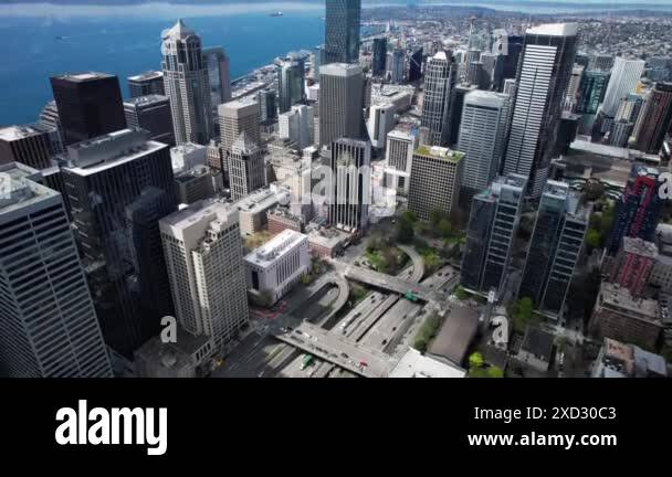 Downtown Seattle Aerial Reveal of Waterfront Skyline Stock Video ...