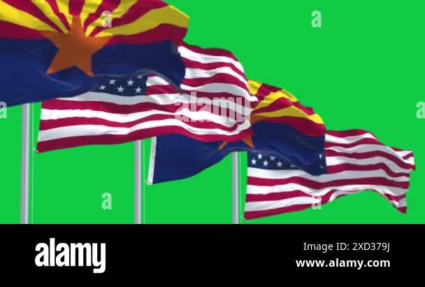 Flags of Arizona and United States waving in the wind isolated on green ...