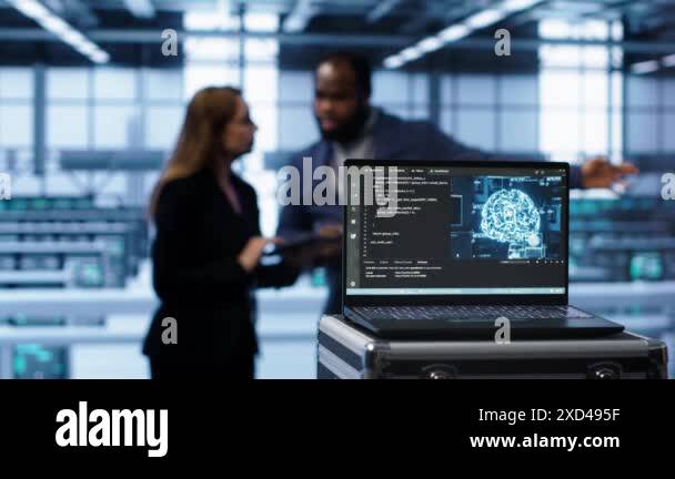 Focus on notebook used by server farm technicians in background using artificial intelligence ...