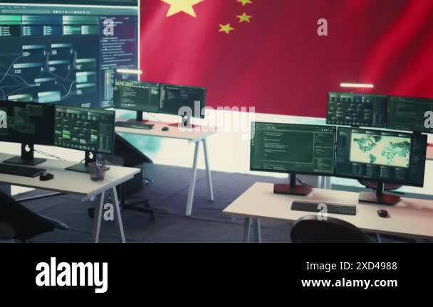 Empty Governmental Hacking Room With Chinese Flag On A Big Screen Cyberwarfare And