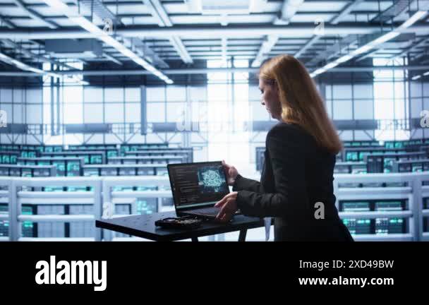 Admin in data center works with artificial intelligence computerized model simulating human ...