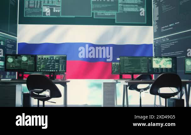Governmental cyber operations room with Russian flag on big screen ...