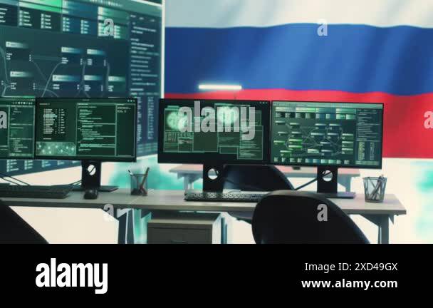 Governmental cyber operations room with Russian flag on big screen ...