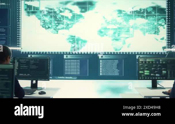 Cyber intelligence team of experts in a governmental hacking room, implementing ways to protect ...