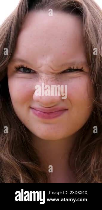 Bright emotions of a young teenage girl frown press smile be surprised ...