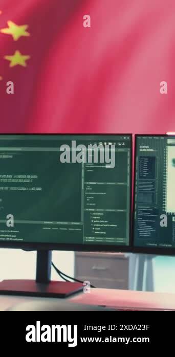 Vertical Video Governmental cyber operations room with Chinese flag on ...