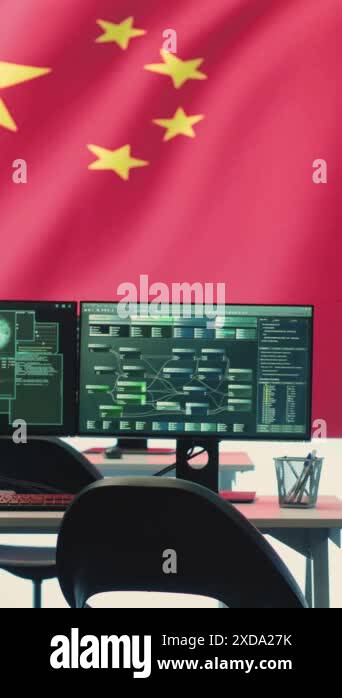 Vertical Video Empty governmental hacking room with chinese flag on a ...