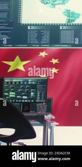 Vertical Video Empty cyber security room presenting a Chinese flag on ...