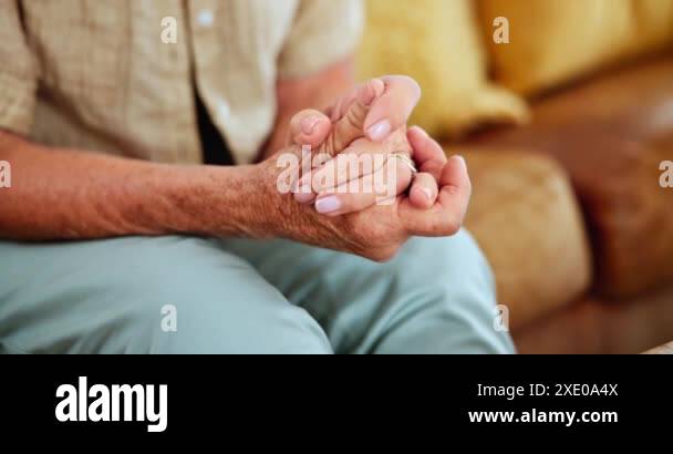 Elderly woman, hands together and stress with pain for arthritis ...