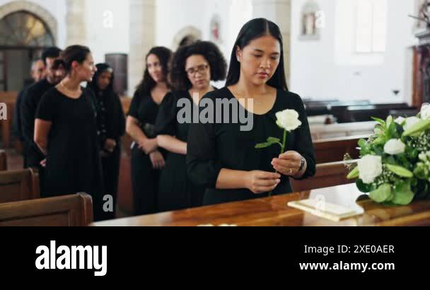 Coffin, funeral and woman with flower for death, mourning and people at ...
