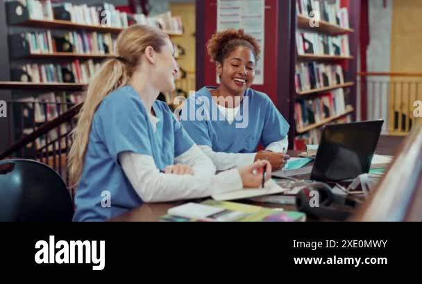 Medical students, women and study with notes in library for school ...
