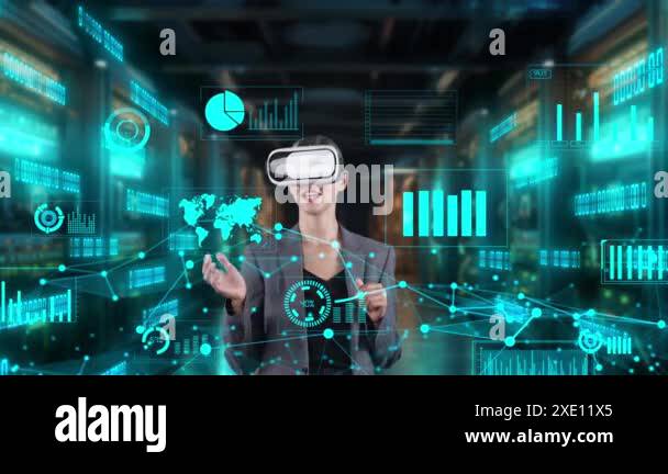 Woman reporter presenting news of scattering market data graph analysis ...