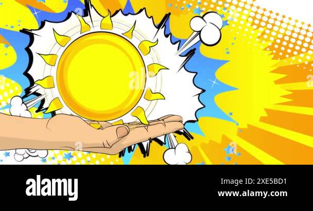 Cartoon, comic book human hands holding Summer Sun. Retro video, comics ...