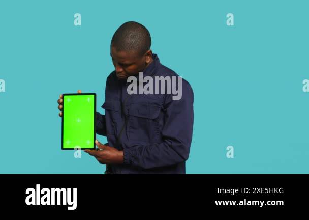 Happy security guard working protection job presenting mockup tablet ...