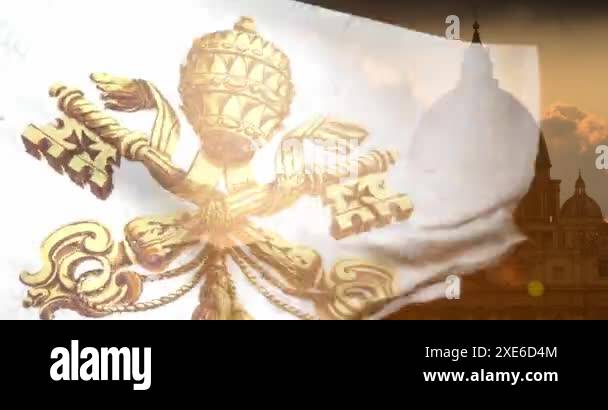 Vatican symbols in gold on a white flying flag. In the background is ...