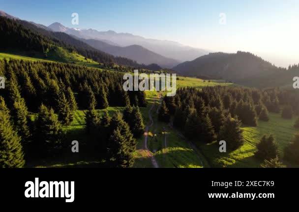 Beautiful aerial drone scenery of the mountain snowy peak and green ...