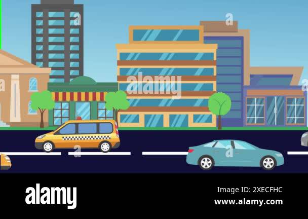 Cartoon Animation of city background with cars running on the way Stock ...