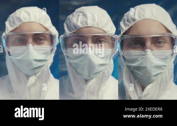 Split screen of portrait of Caucasian female doctor wearing safety ...