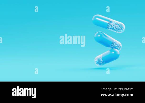 Animation of blue medicine capsules with granules inside rotating ...
