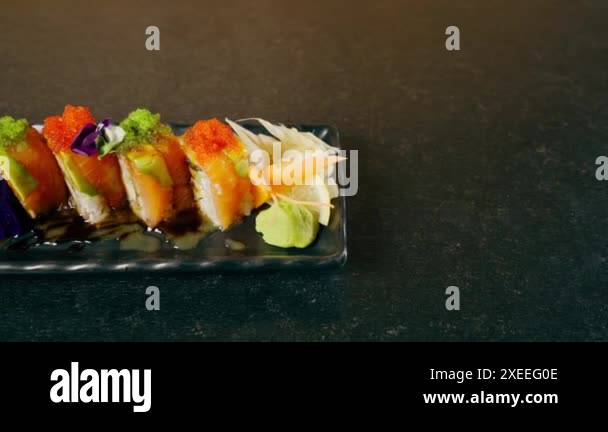 close-up in a Japanese restaurant a ready-made set with expensive sushi ...