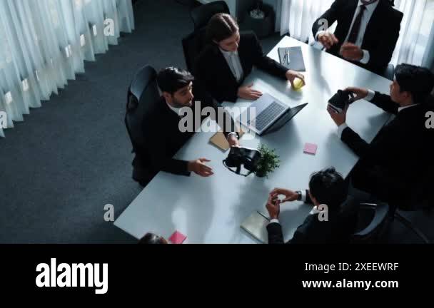 Top view of manager working on laptop and sending data analysis to ...