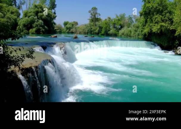 Footage of river flowing into a waterfall - the dramatic transition of ...