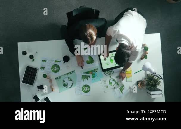 Top down view of business man presenting sustainable idea to manager by ...