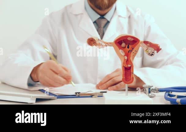 Friendly male doctor gynecologist works in the office. Model of female ...