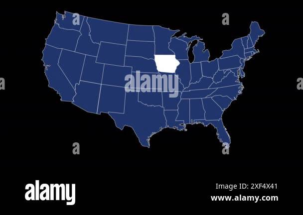Iowa state flag United States map outline zoom in animation blue black ...