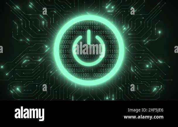 Cyber security concept - turn on sign, binary code and circuit grid ...