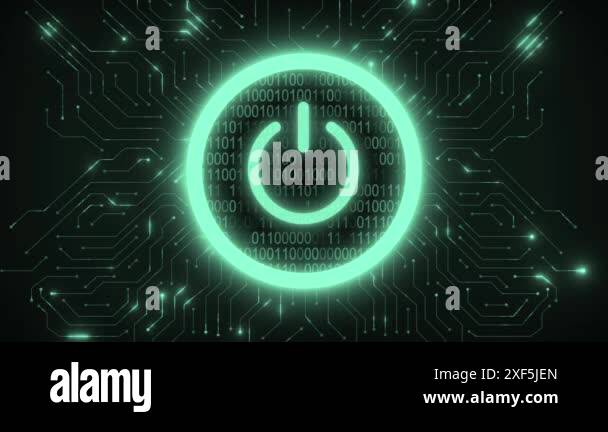 Cyber security concept - turn on sign, binary code and circuit grid ...