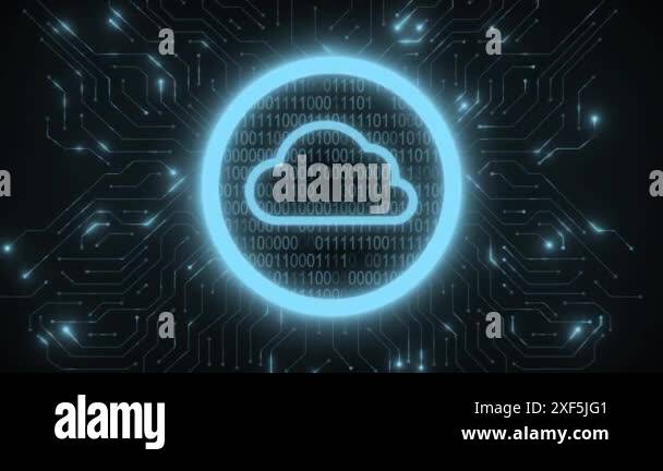 Cyber Security Concept Cloud With Running Binary Code And Circuit