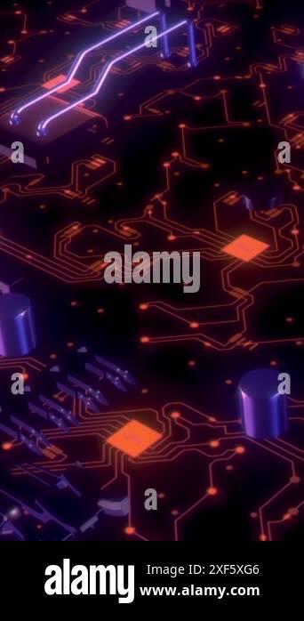 Computer system with neon details. Motion. Futuristic computer technology in details of chip ...