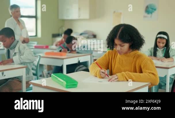 Exam, writing and students in classroom for group, test and knowledge ...