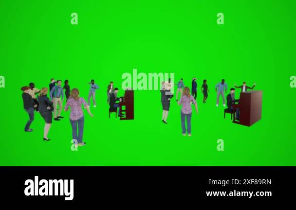 Rendering of 3D people on a green screen, chromakey background, a group of people dancing and a ...